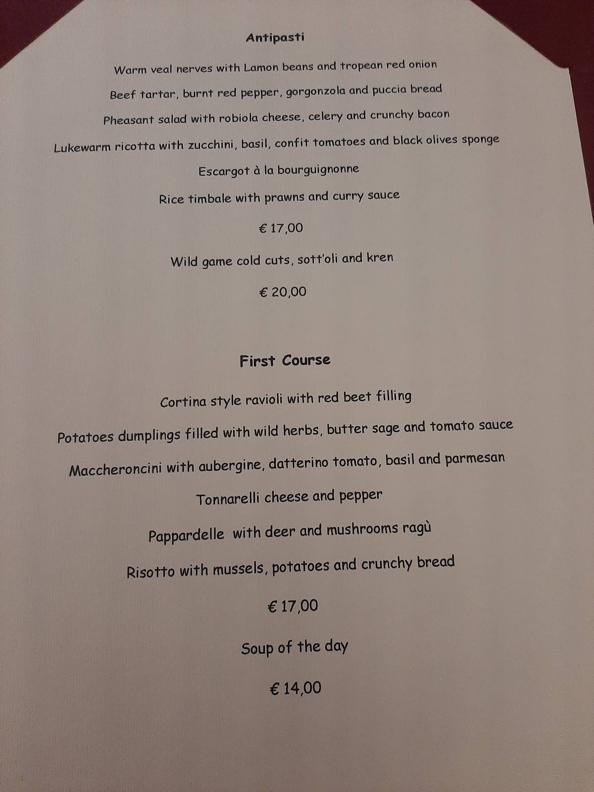 Menu at Al Camin restaurant, Cortina d'Ampezzo, Località Alverà