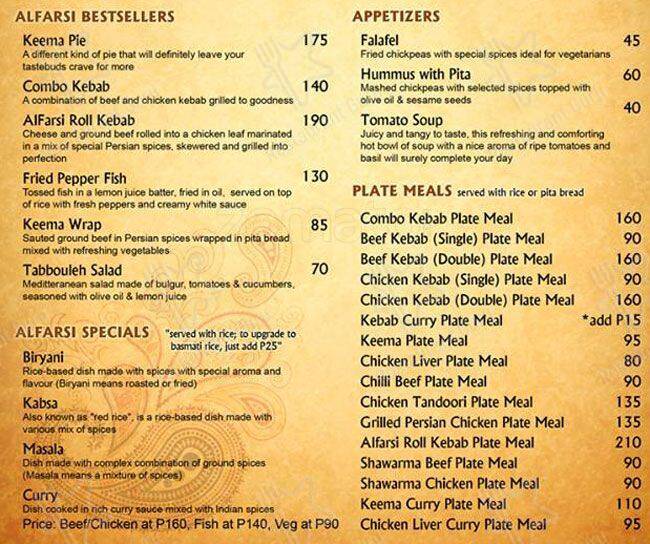 Menu at Al Farsi restaurant, Makati