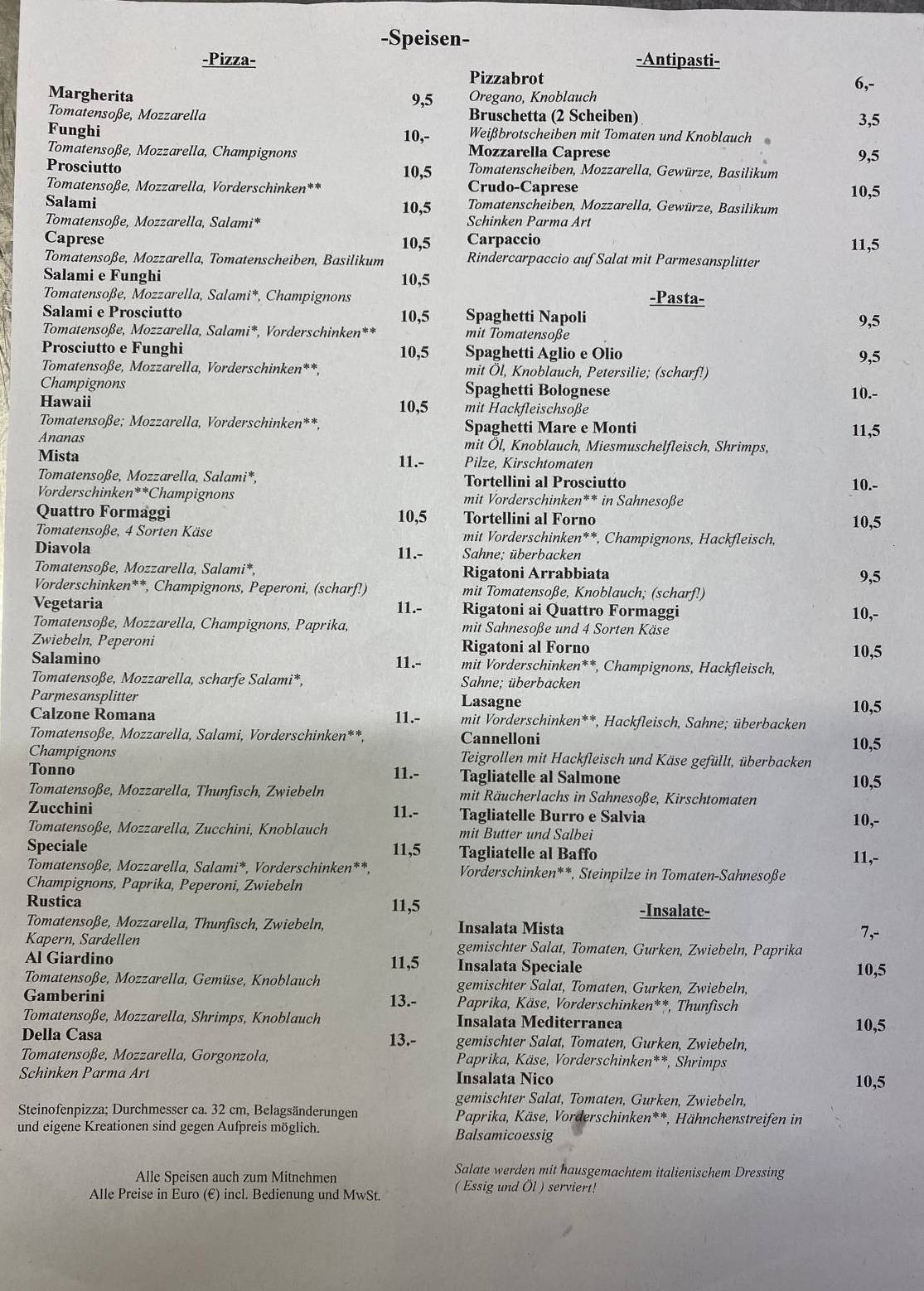 Menu at Al Giardino restaurant, Nuremberg