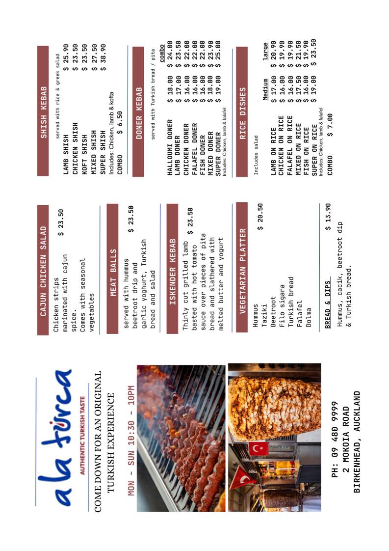 Menu at Ala Turca restaurant, Auckland, 2 Mokoia Rd