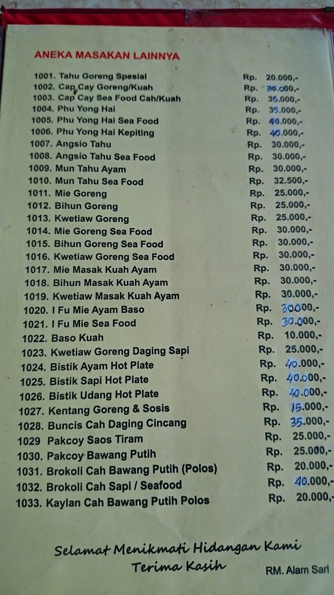 Menu at Alam Sari restaurant, Wantilan