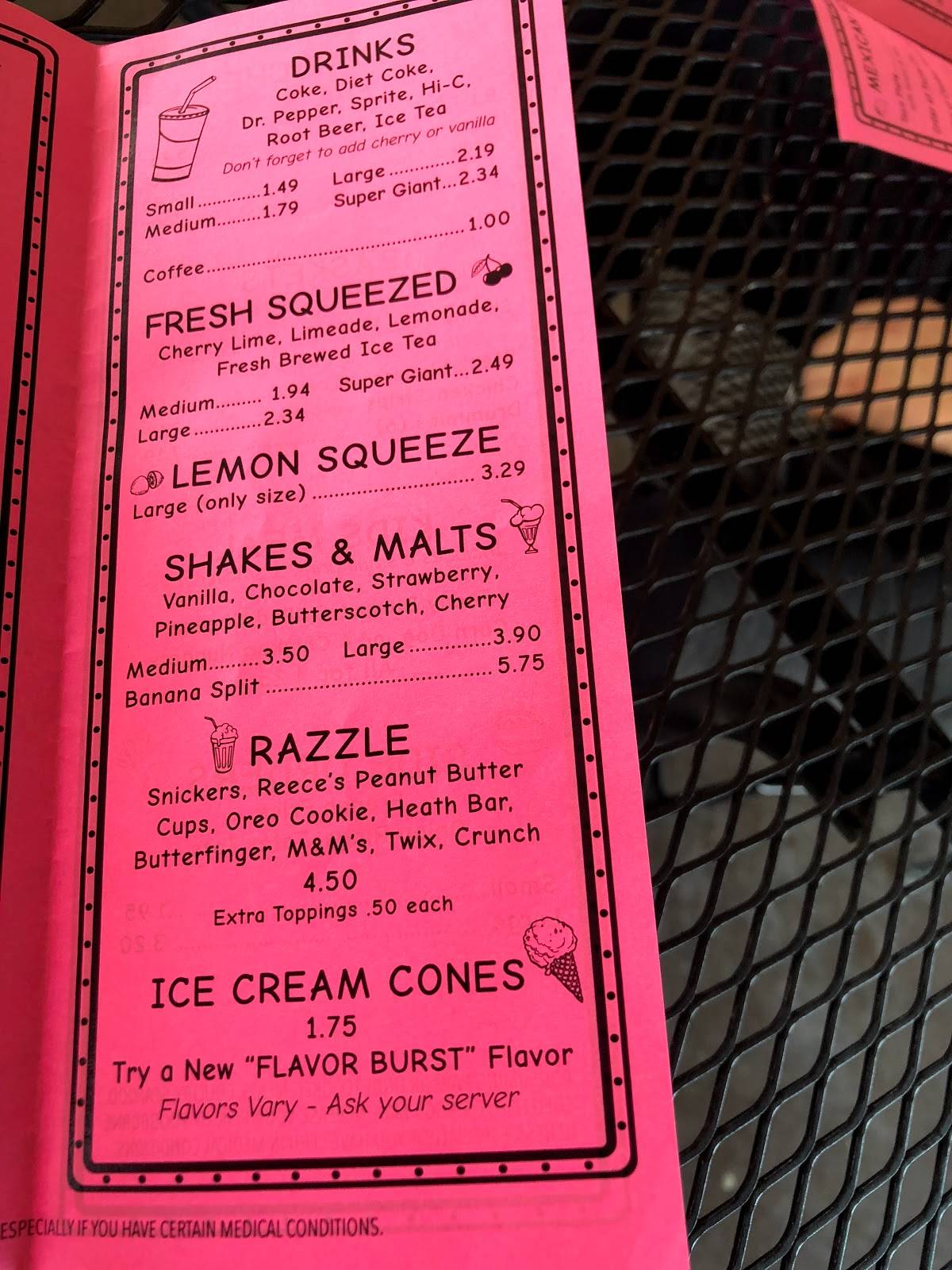 Menu at Hi-D-Ho Drive In fast food, Alamogordo