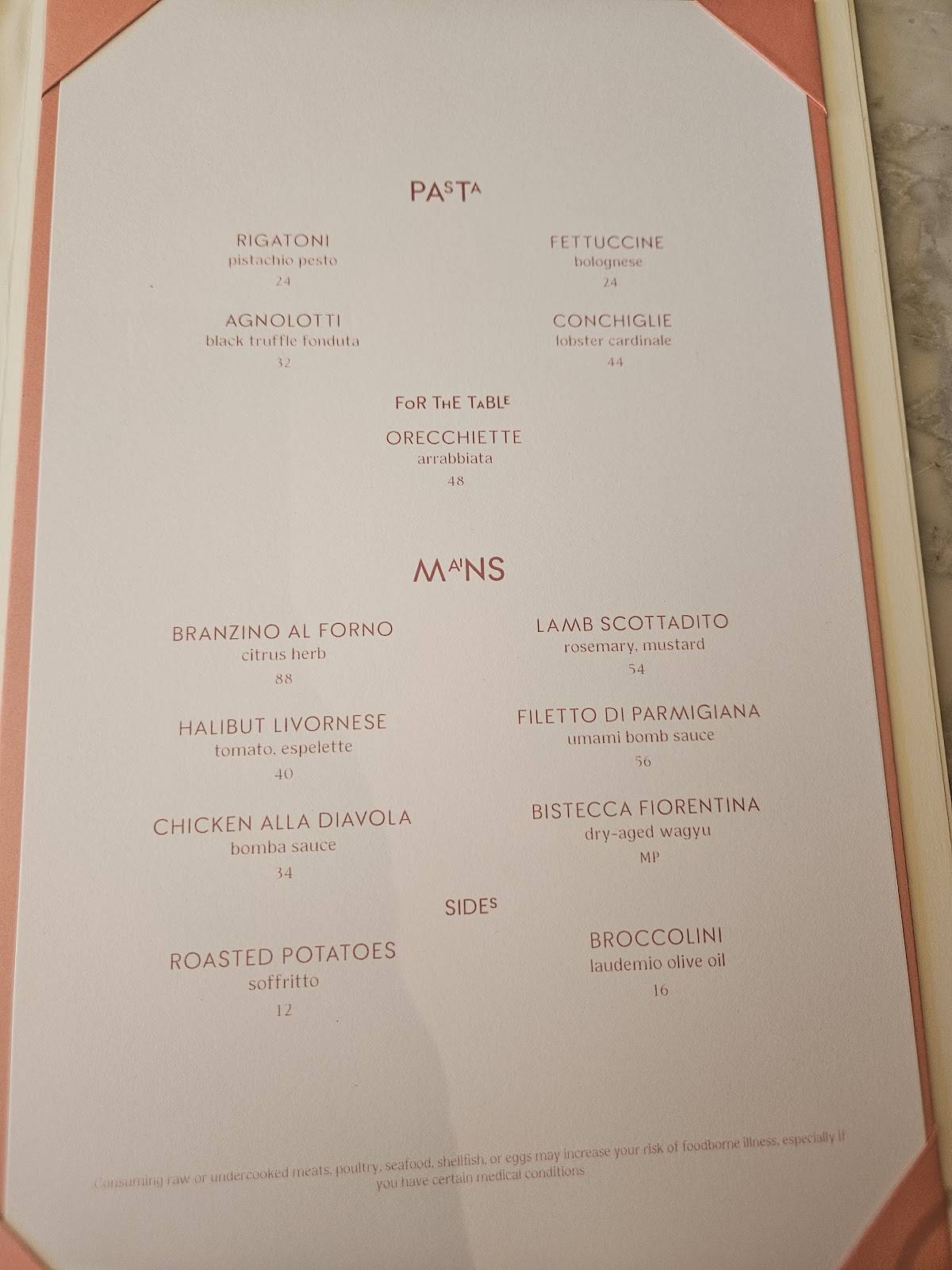 Menu at Alba Los Angeles restaurant, Los Angeles