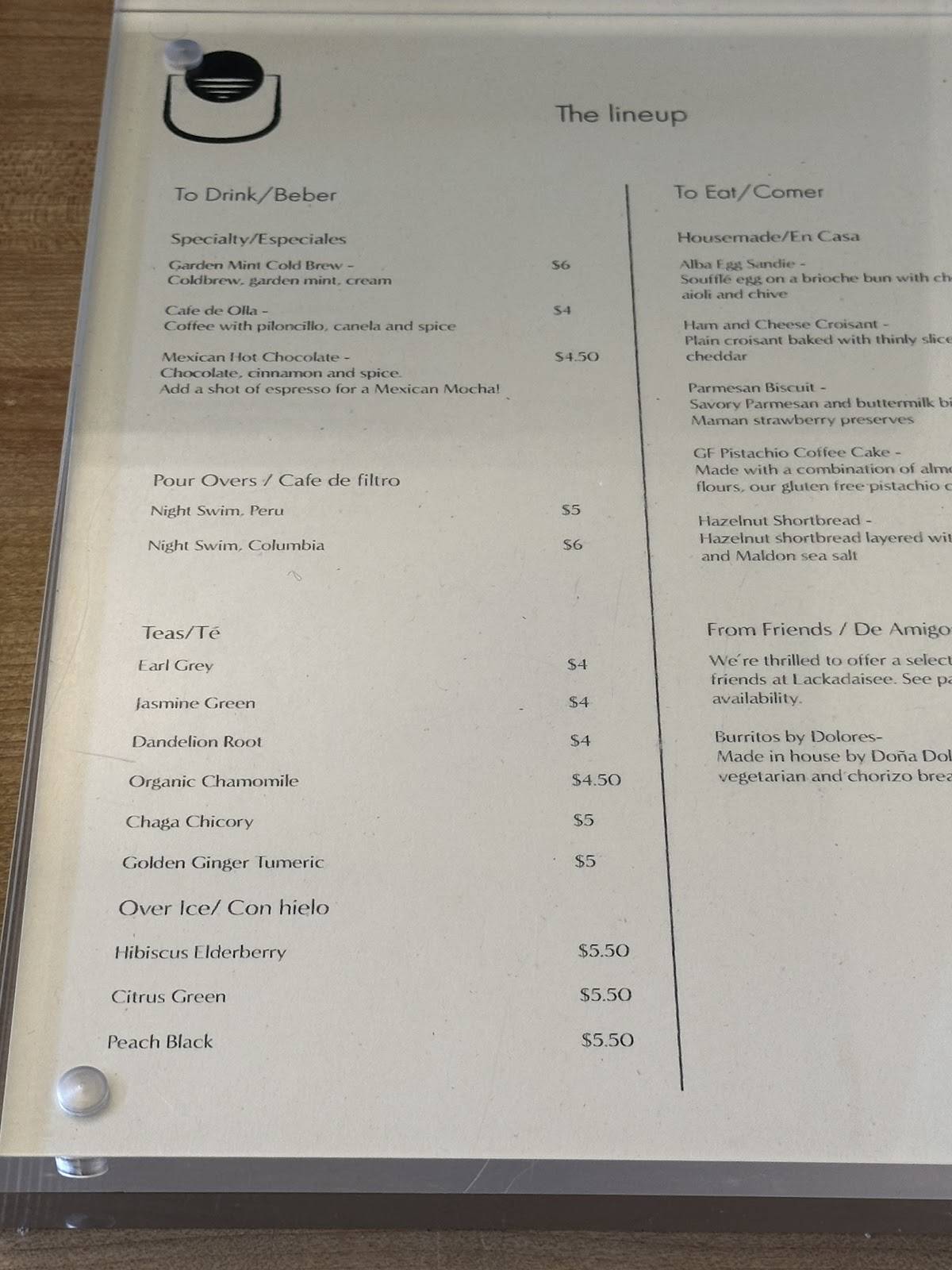 Menu at Alba restaurant, Detroit