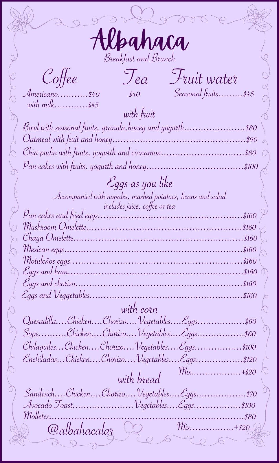 Carta de Restaurante "Albahacalar", Bacalar