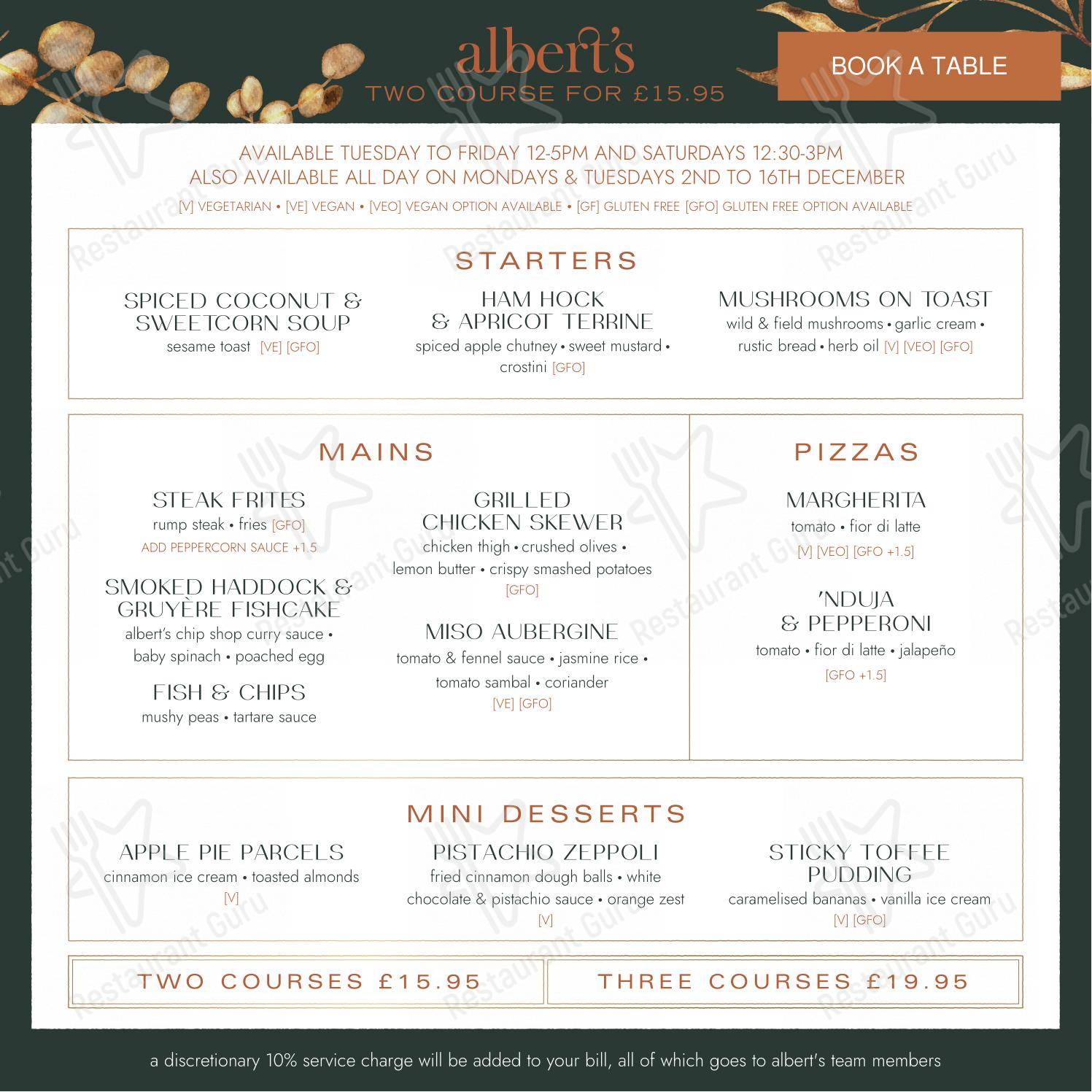 Menu at Albert’s Didsbury Restaurant & Bar, Manchester