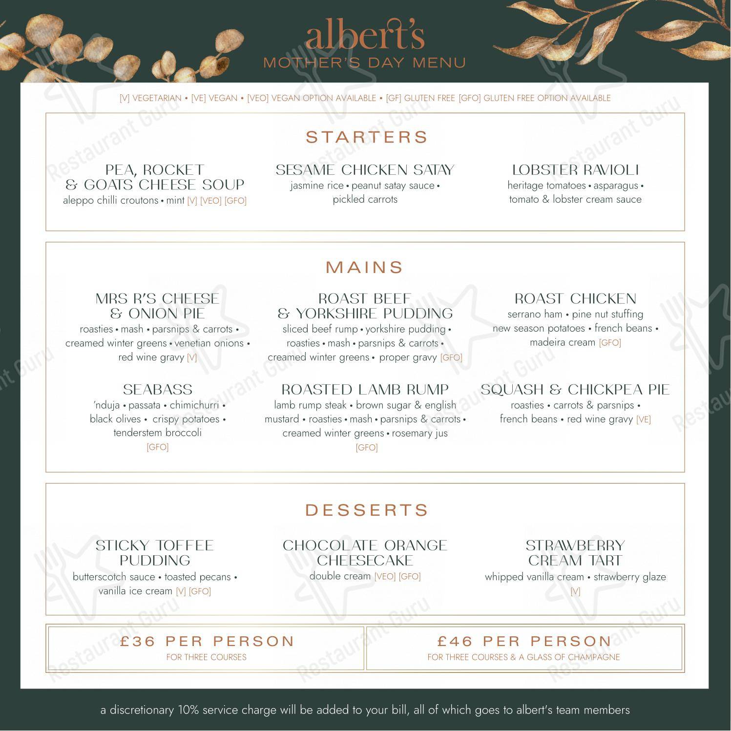 Menu at Albert’s Didsbury Restaurant & Bar, Manchester