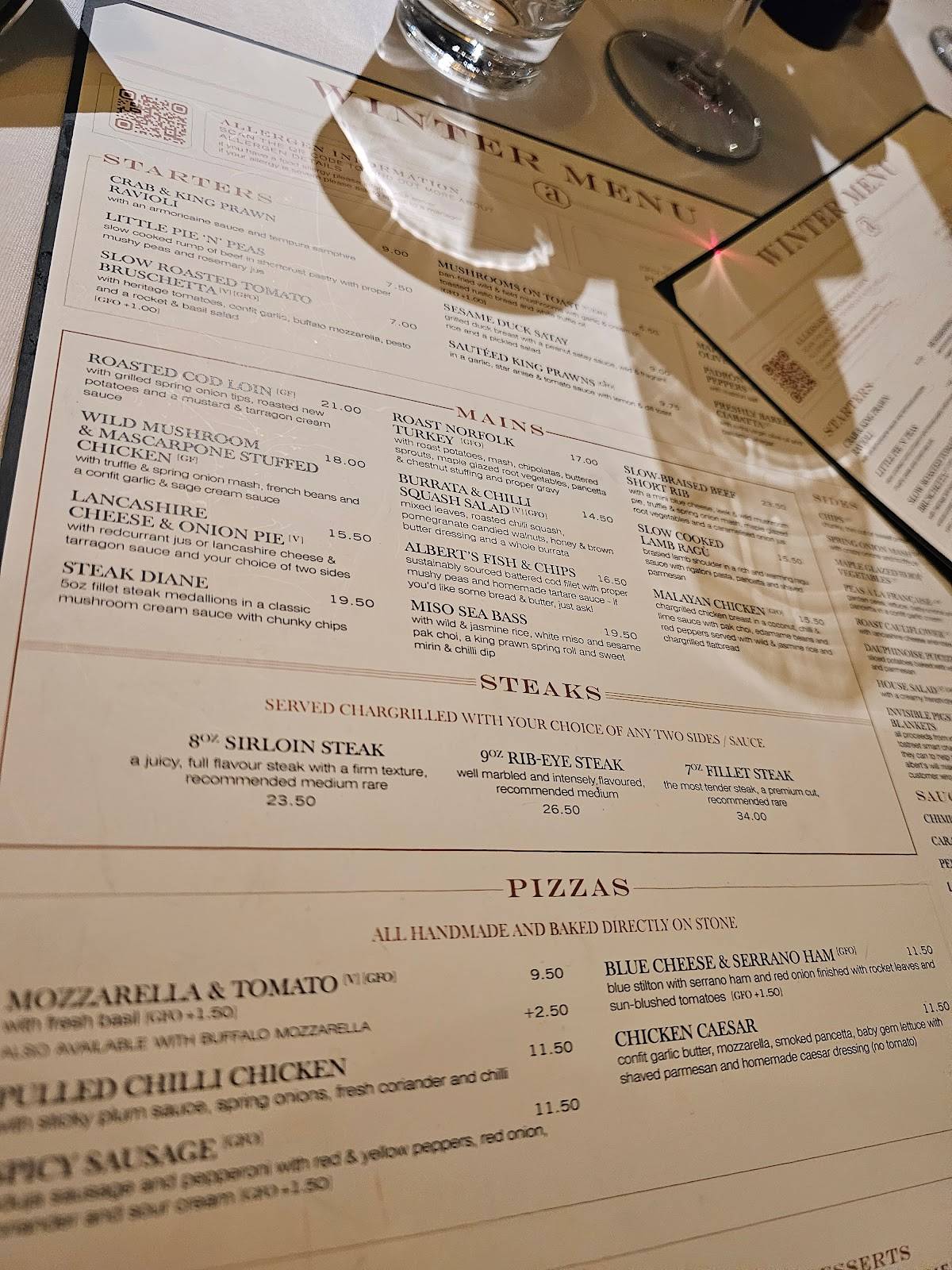 Menu at Albert’s Didsbury Restaurant & Bar, Manchester