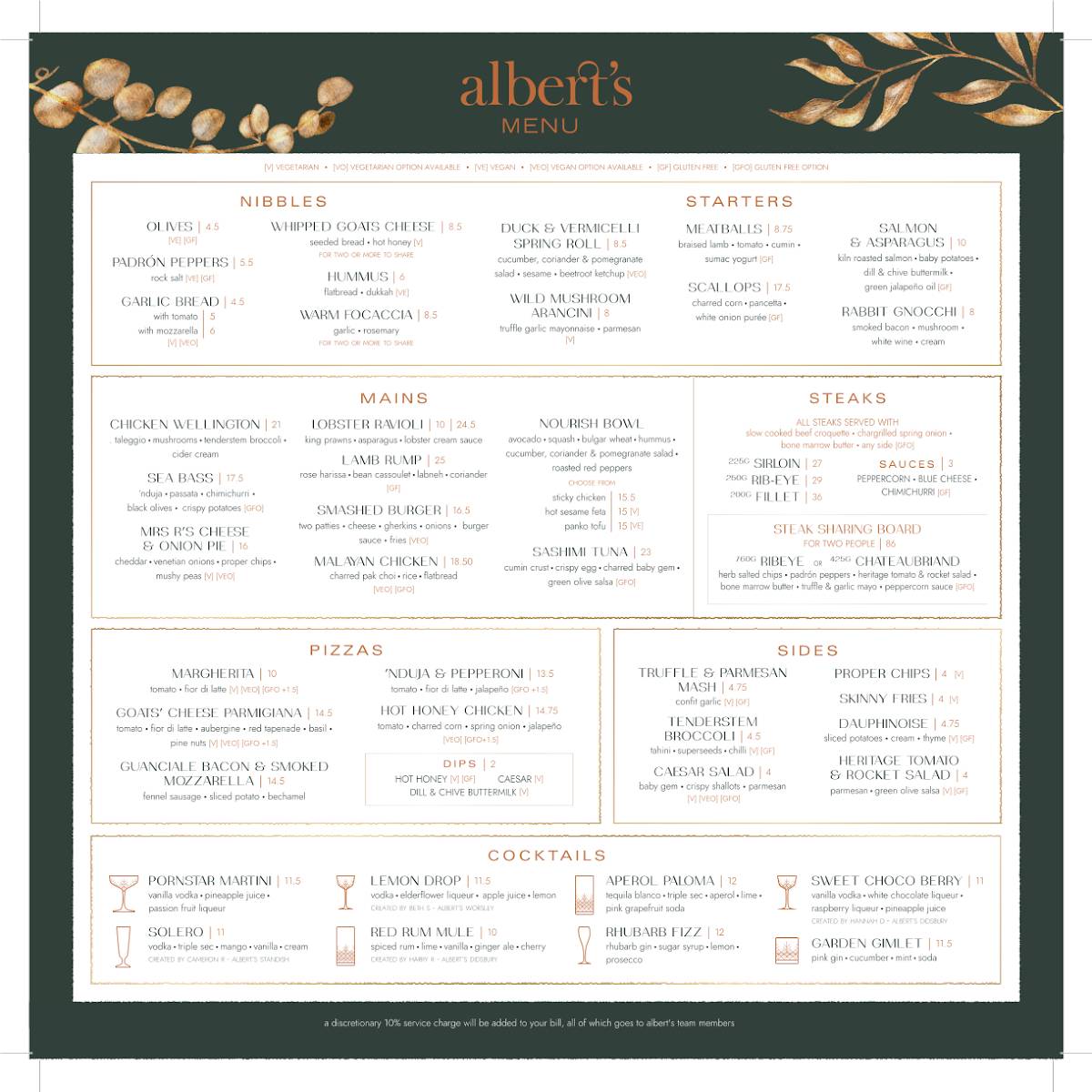 Menu at Albert’s Didsbury Restaurant & Bar, Manchester