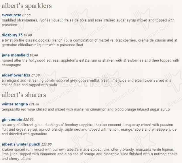 Menu at Albert’s Didsbury Restaurant & Bar, Manchester