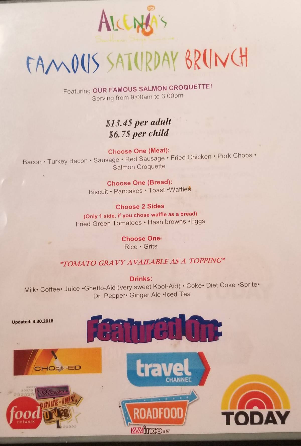 Menu at Alcenia's desserts, Memphis