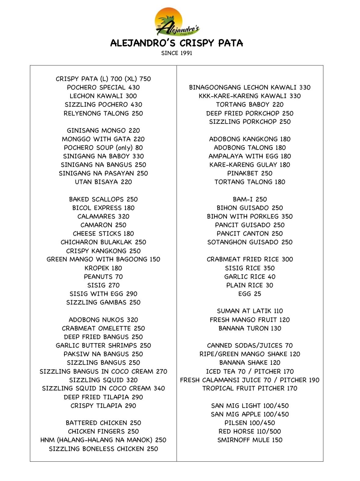 Menu at Alejandro's Crispy Pata pub & bar, Cebu City, Century Plaza Cebu