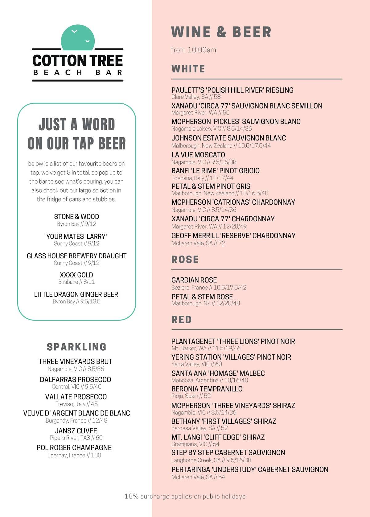 Menu at Cotton Tree Beach Bar, Maroochydore
