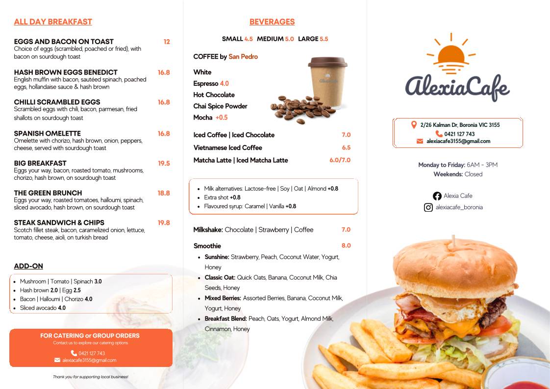 Menu at Alexia Cafe, Boronia