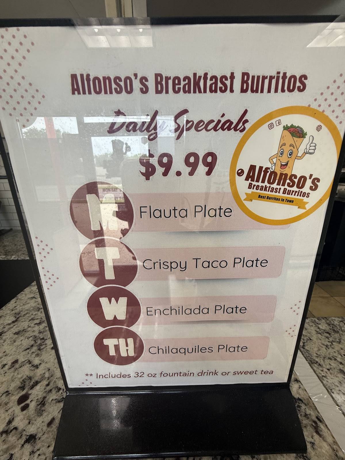 Menu at Alfonso's Breakfast Burritos restaurant, Duncanville