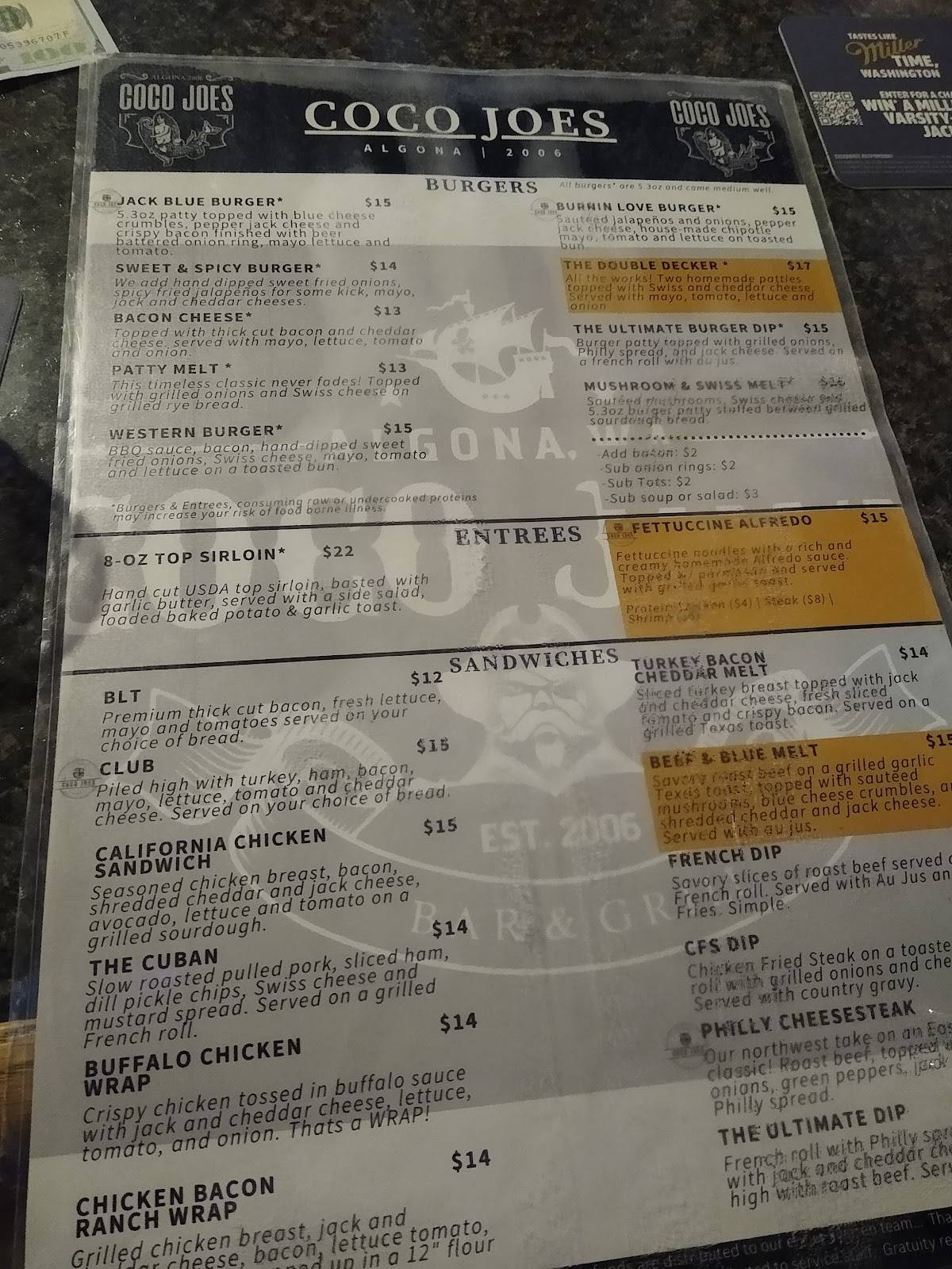 Menu at Coco Joe's Bar and Grill, Algona