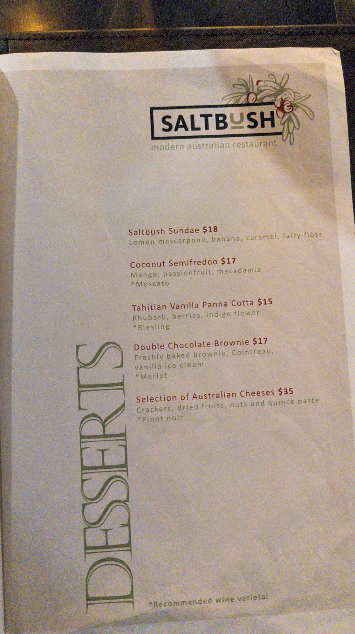 Menu at Saltbush restaurant, Desert Springs