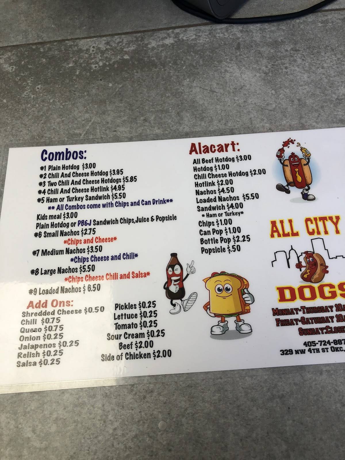 Menu at All City Dogs restaurant, Oklahoma City