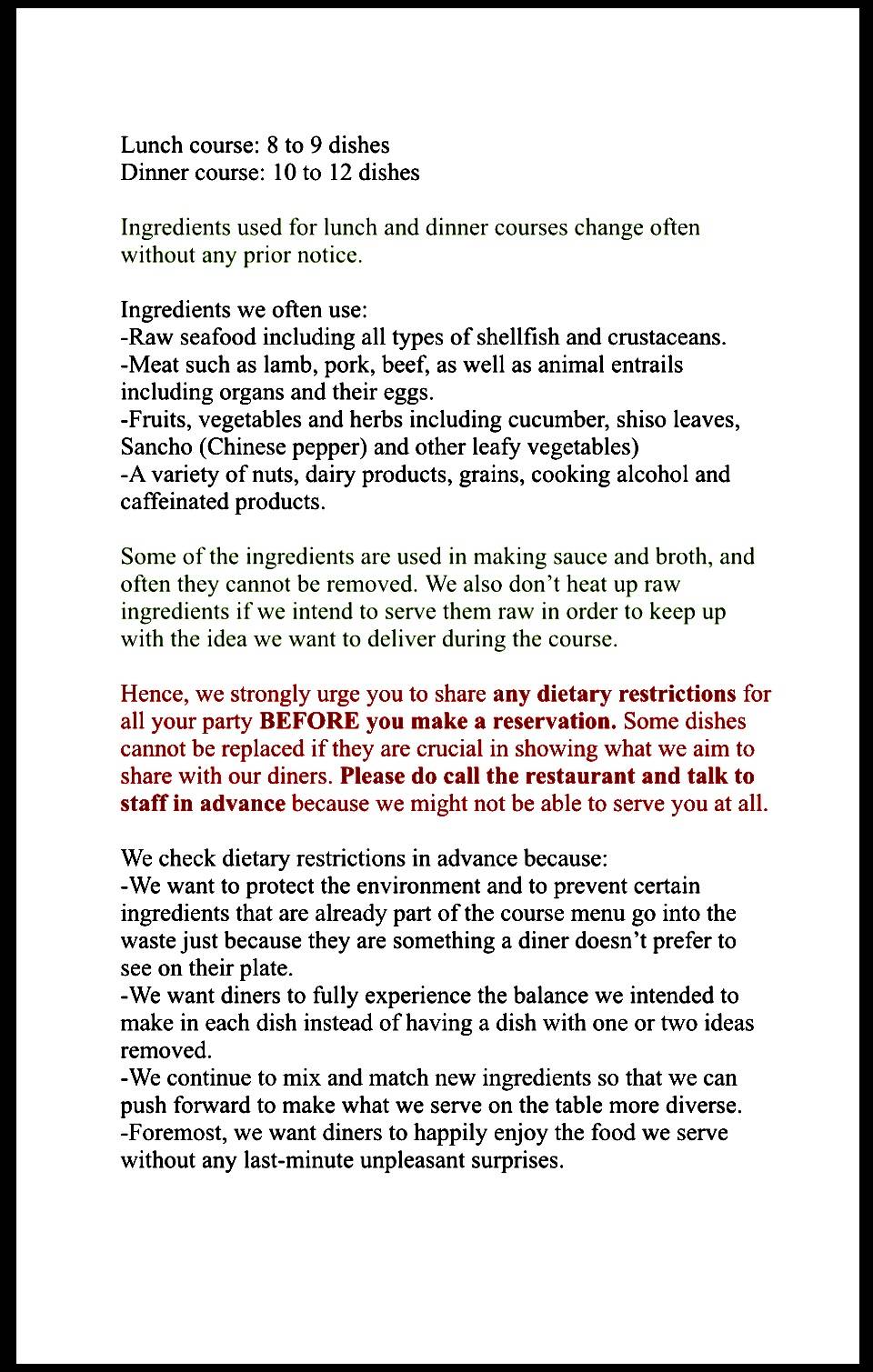Carta del restaurante Alla Prima, Seul