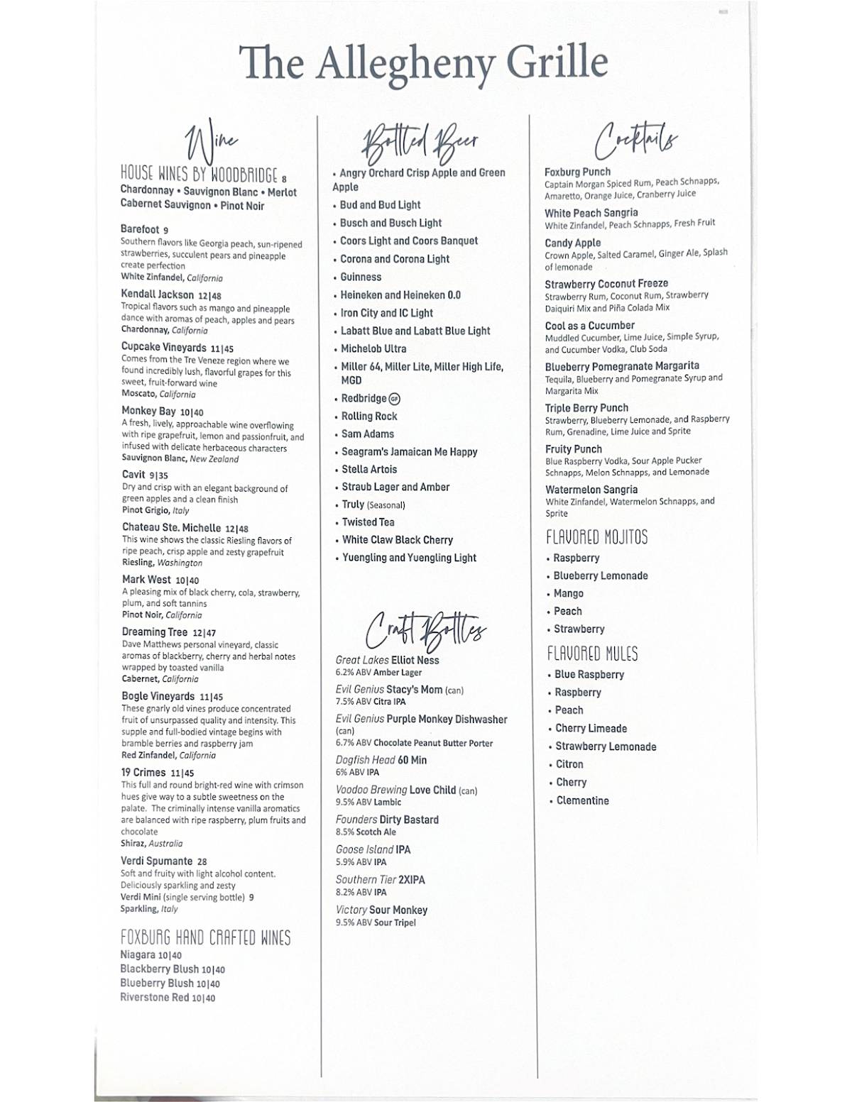 Menu at Allegheny Grille pub & bar, Foxburg