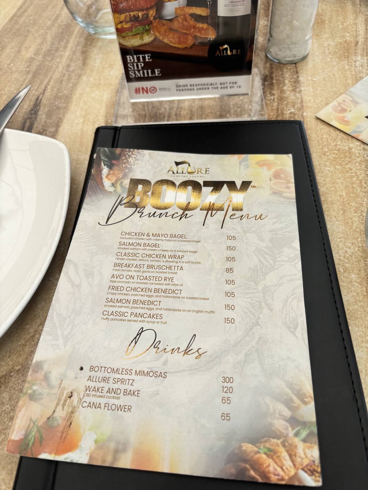 Menu at Allure Rooftop Lounge restaurant, Cape Town