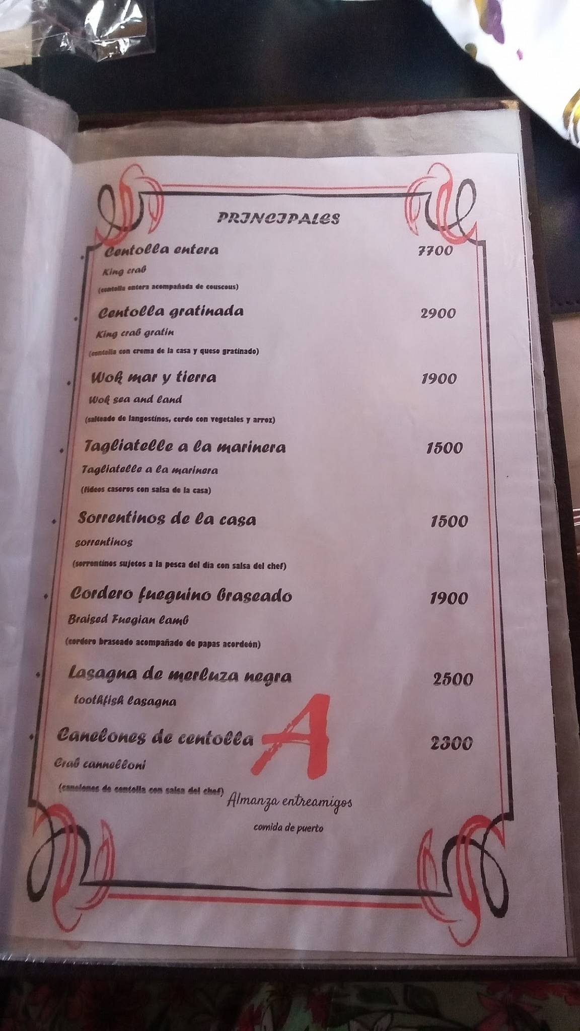 Menu at Almanza entre amigos restaurant, Argentina