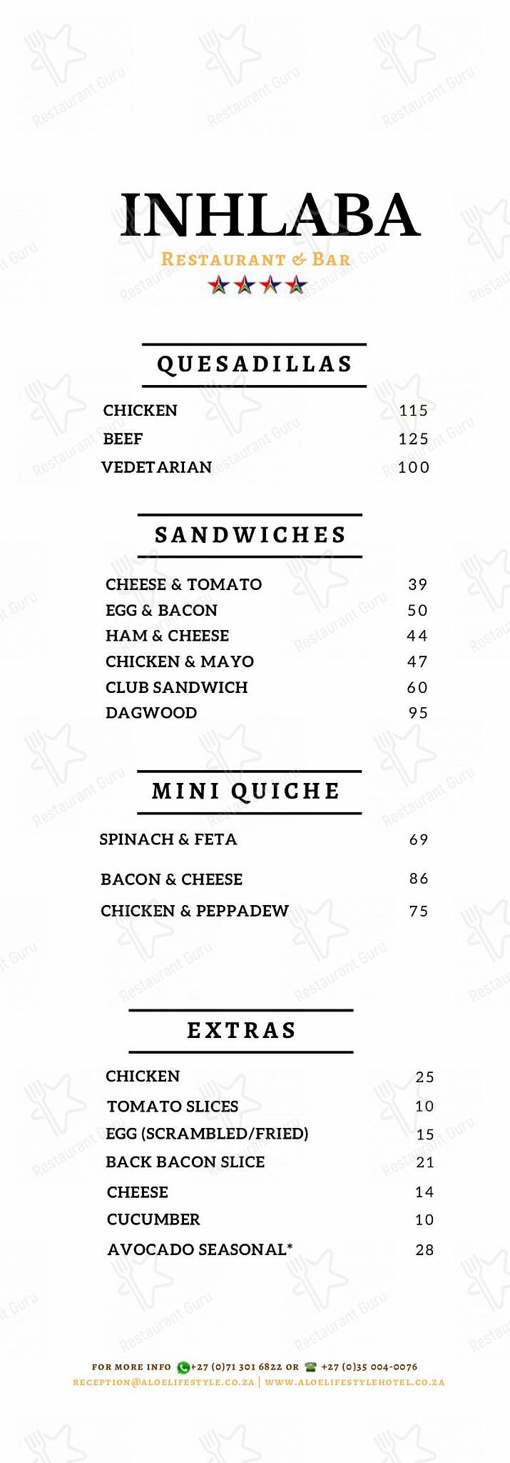 Menu at Aloe Lifestyle Hotel restaurant, Eshowe