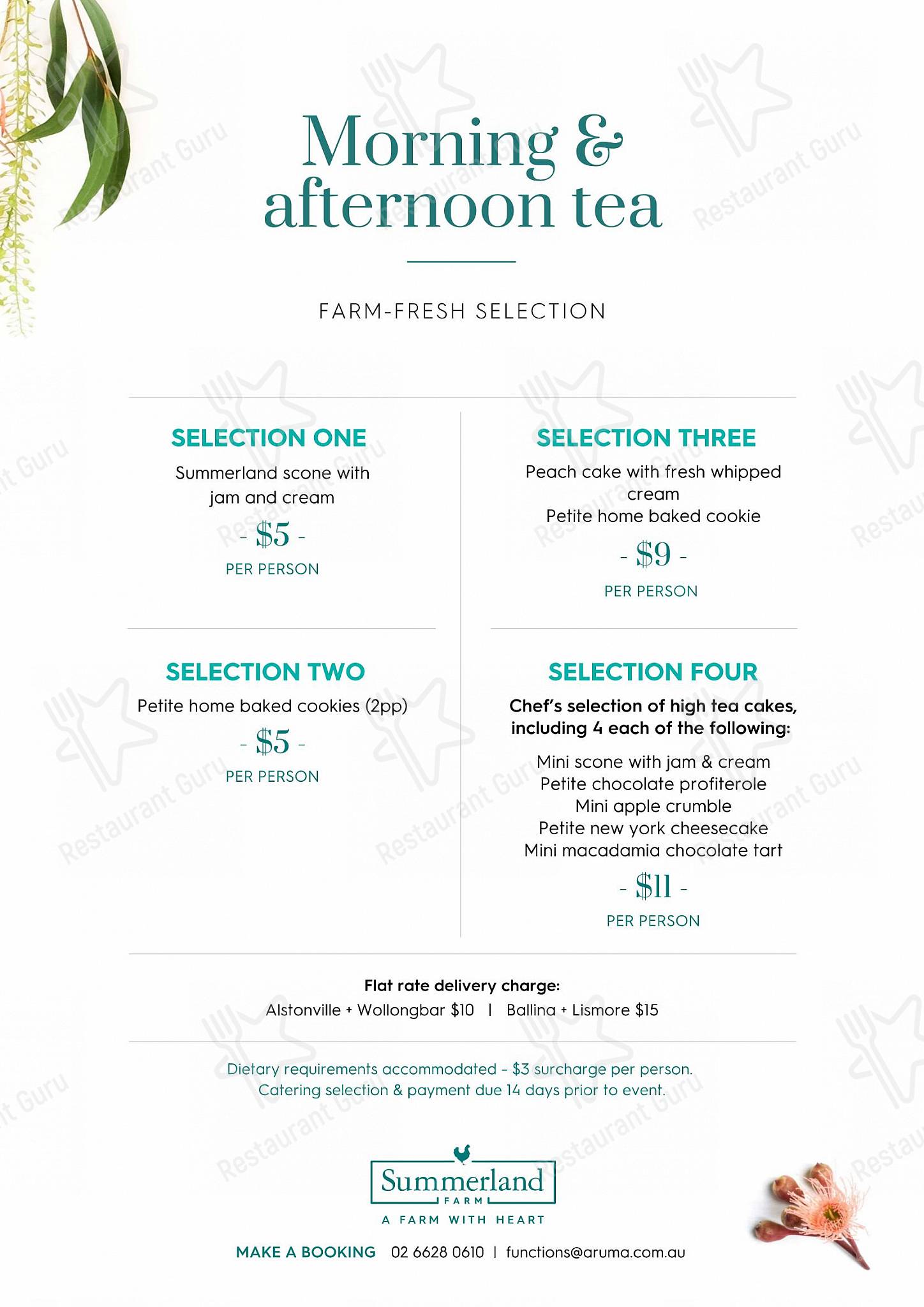 Menu at Summerland Farm restaurant, Alstonville