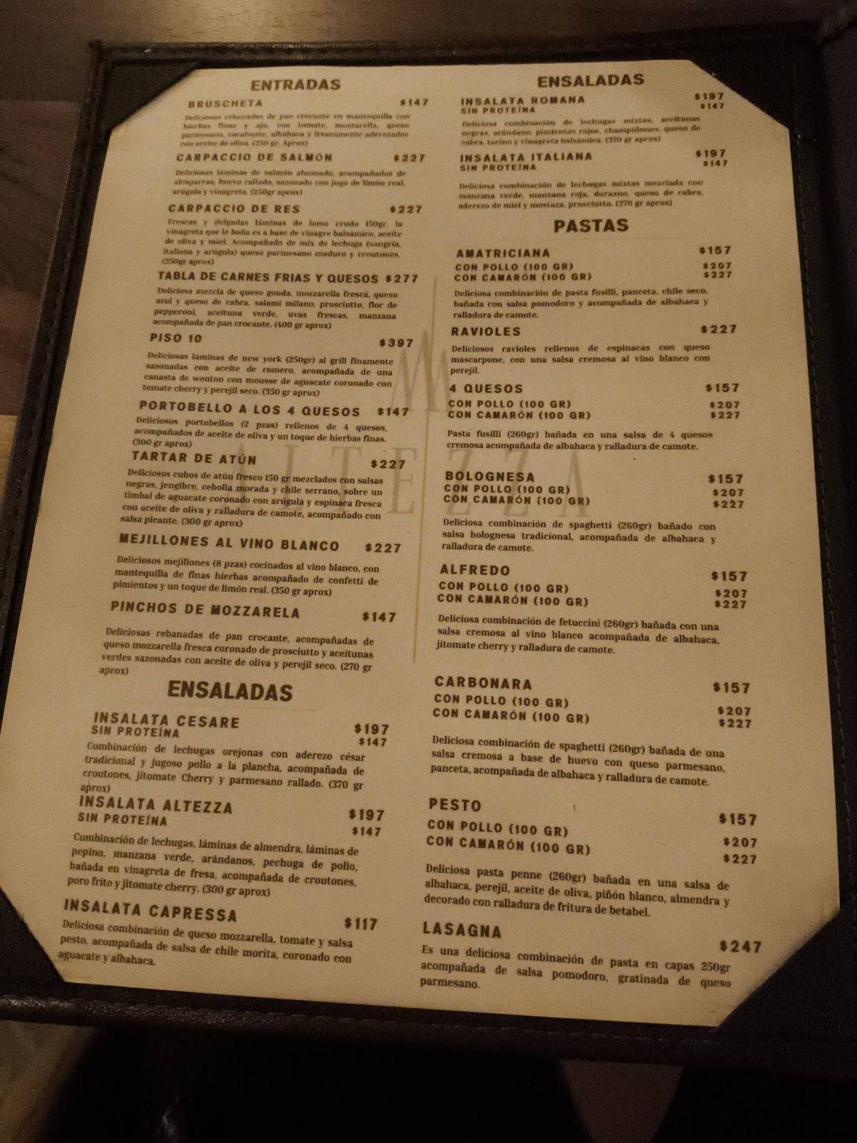 Carta del restaurante Altezza Cocina Italiana, Guadalajara