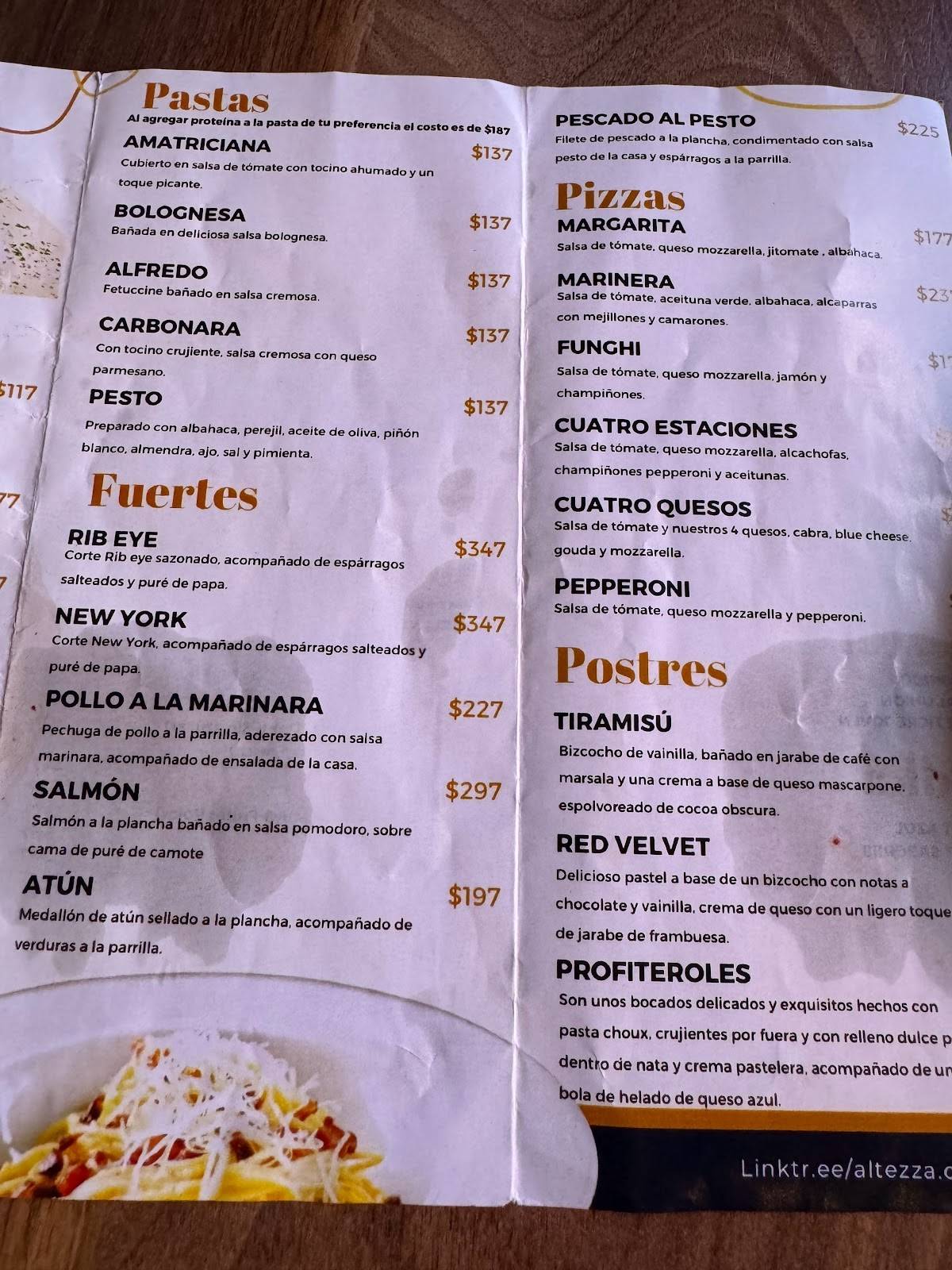 Menu at Altezza Cocina Italiana restaurant, Mexico