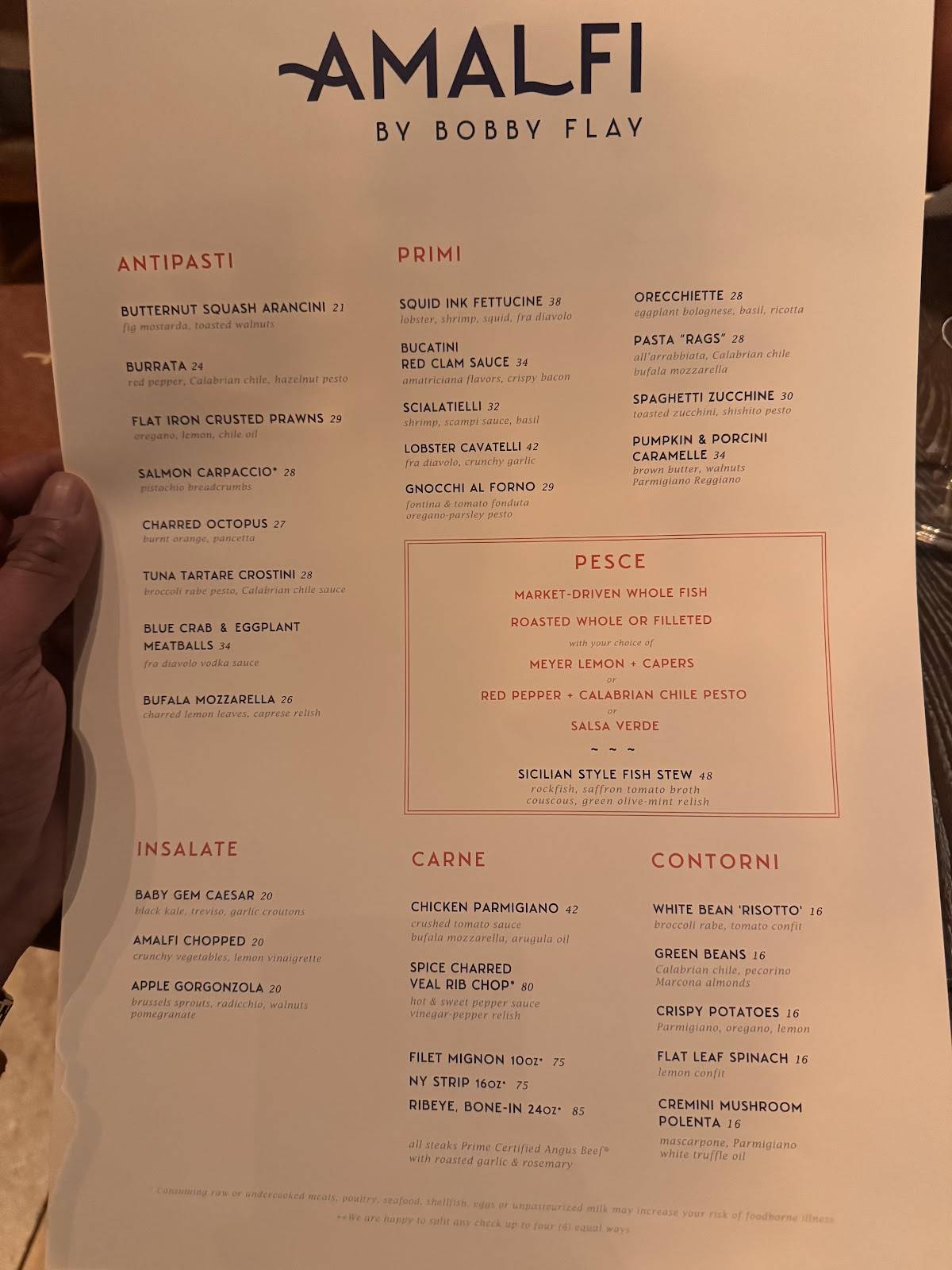 Menu at Amalfi restaurant, Las Vegas, Las Vegas Blvd S