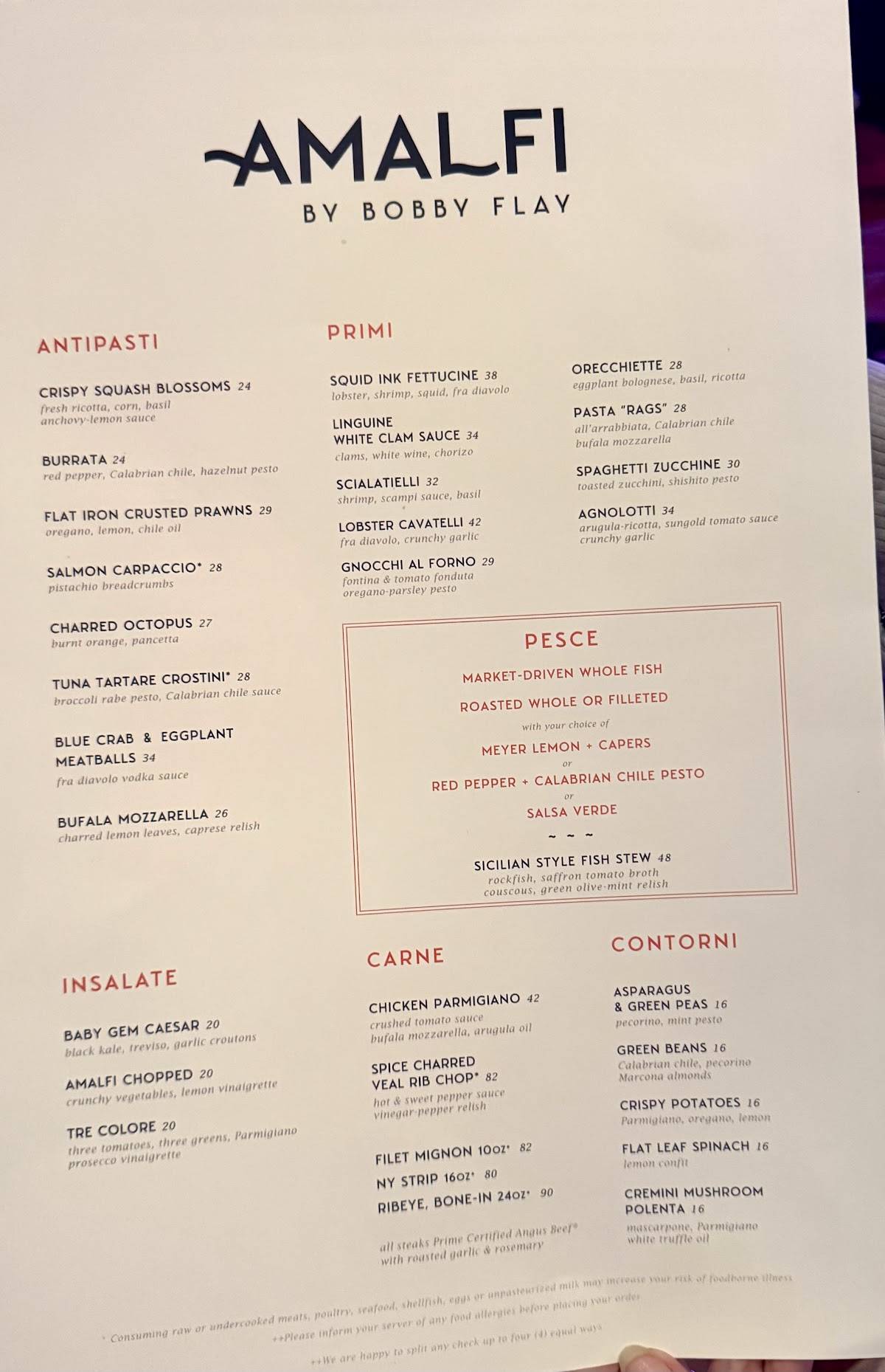 Menu at Amalfi restaurant, Las Vegas, Las Vegas Blvd S