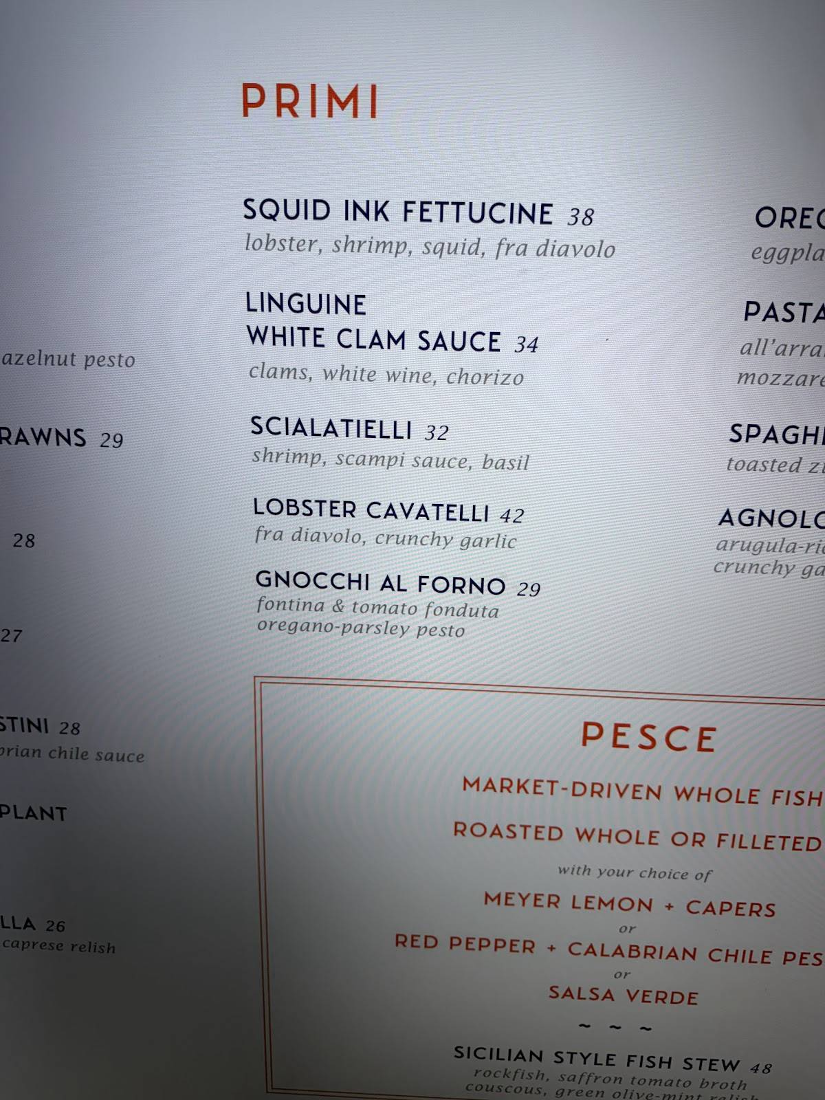 Menu at Amalfi restaurant, Las Vegas, Las Vegas Blvd S