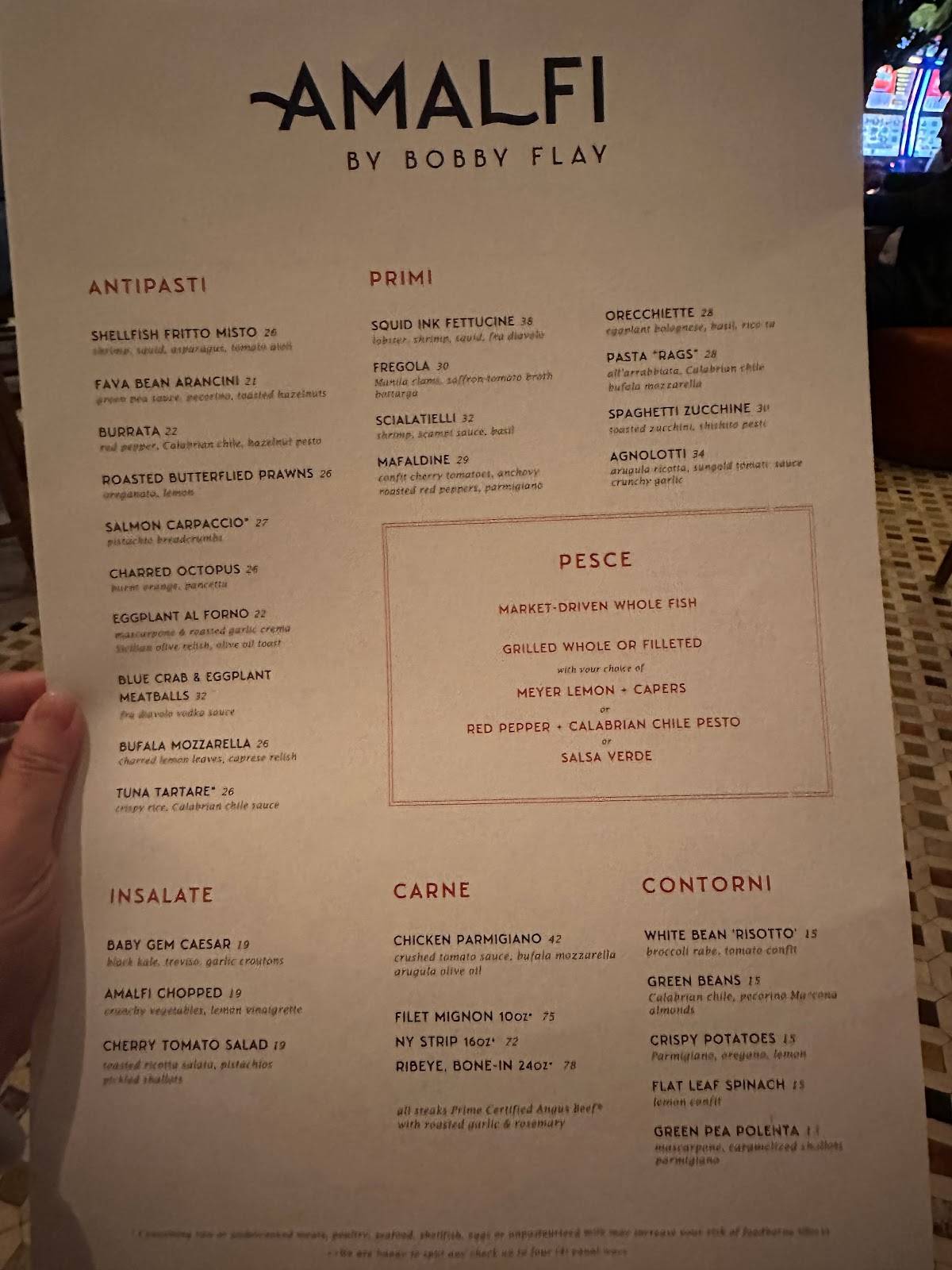 Menu at Amalfi restaurant, Las Vegas