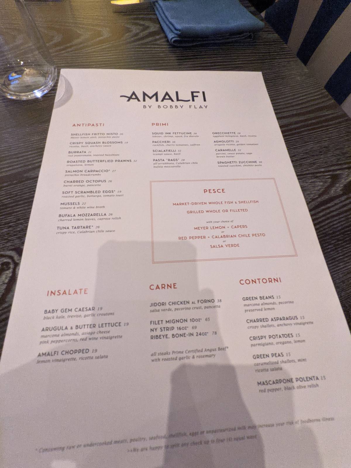 Menu at Amalfi restaurant, Las Vegas