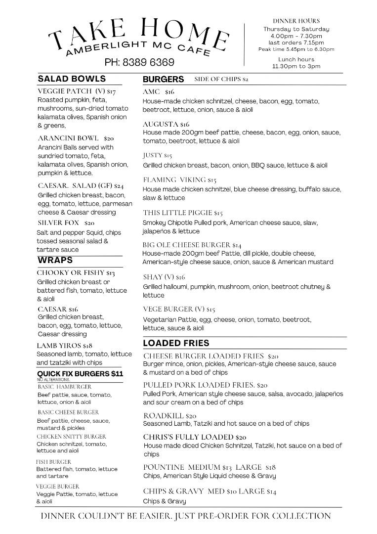 Menu at Amberlight Motorcycle Cafe, Lobethal