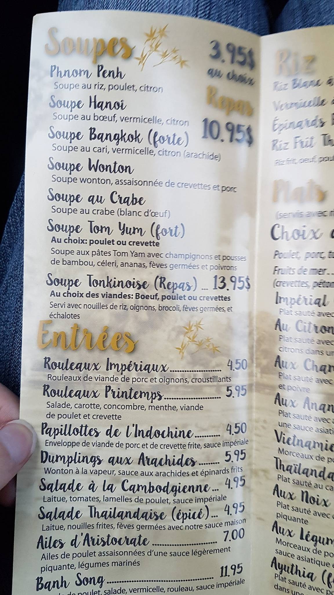 Menu au Ambiances d’Angkor restaurant, Canada