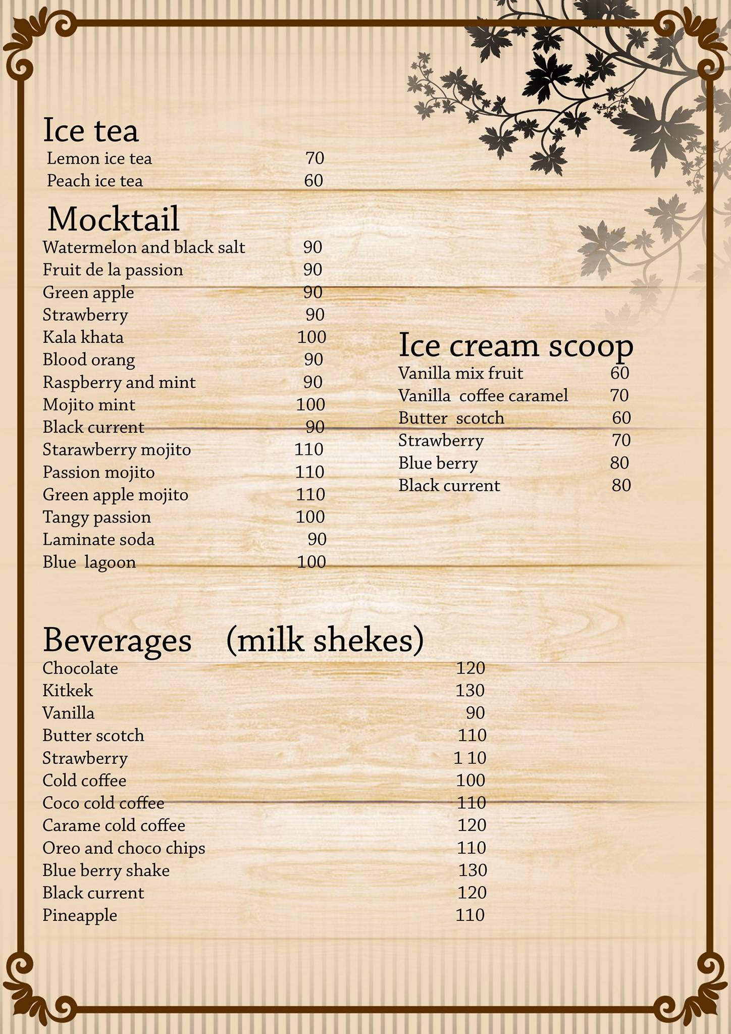 Menu at Ambience, Mughal Sarai
