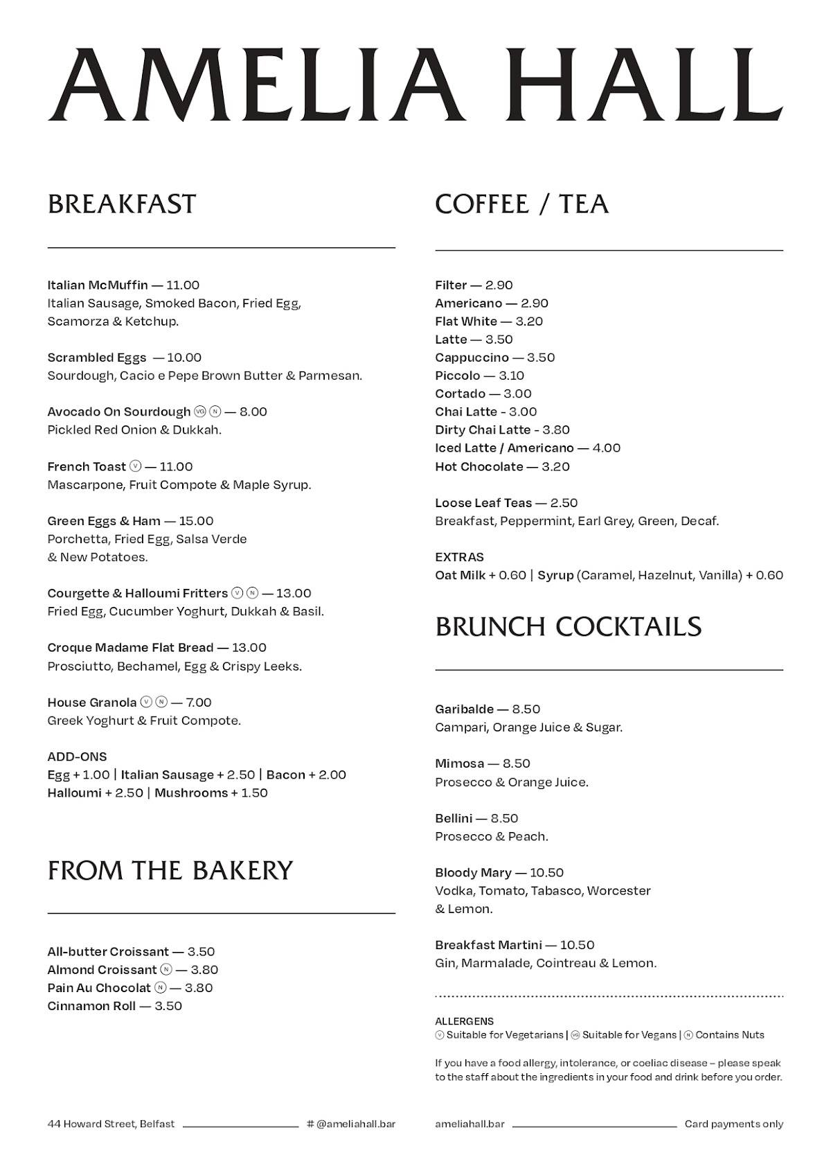 Menu at Amelia Hall pub & bar, Belfast