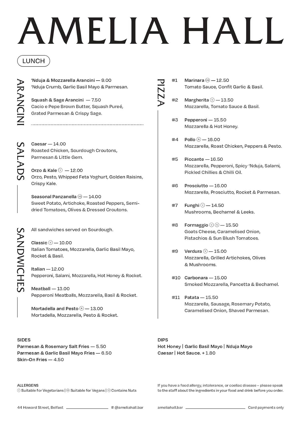 Menu at Amelia Hall pub & bar, Belfast
