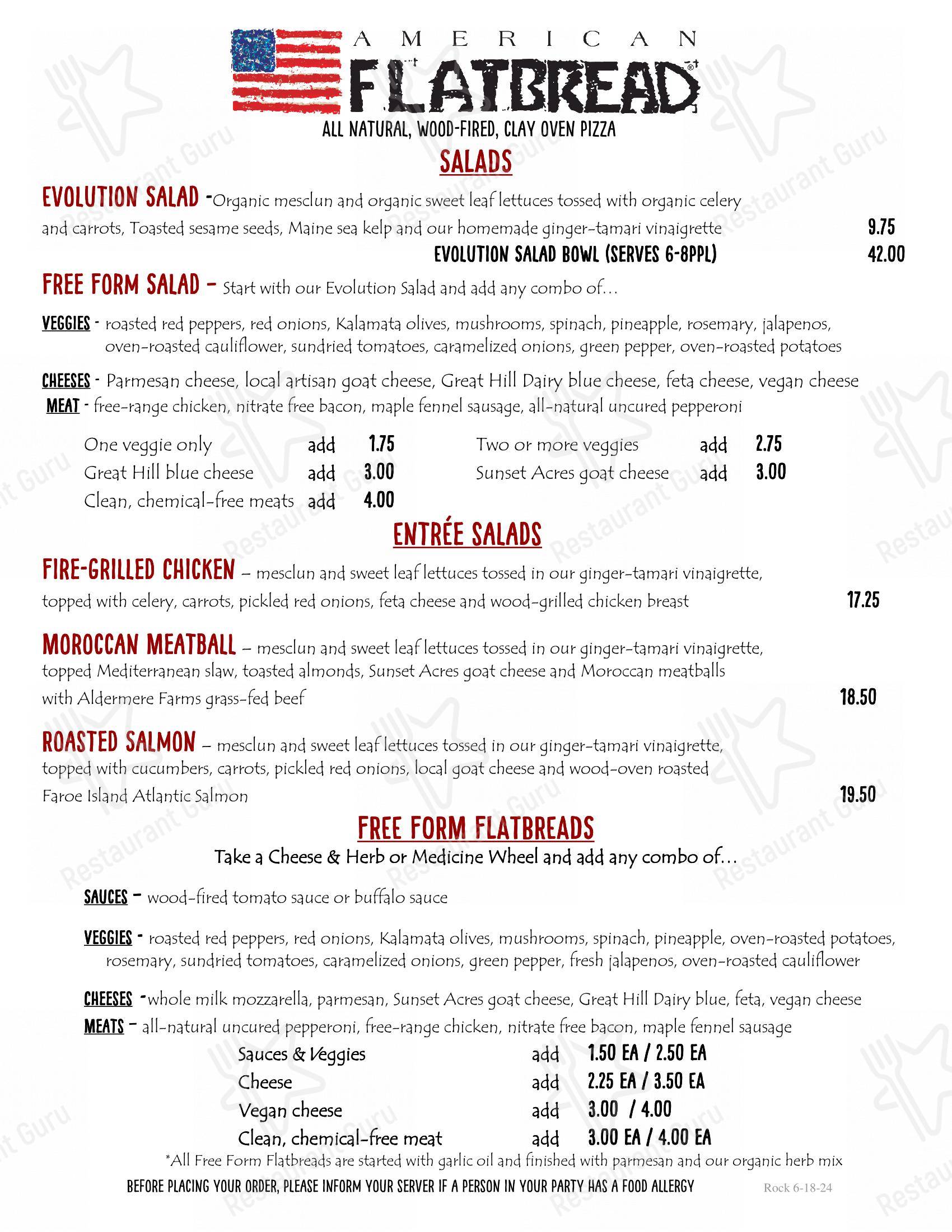 Menu at American Flatbread pizzeria, Rockport
