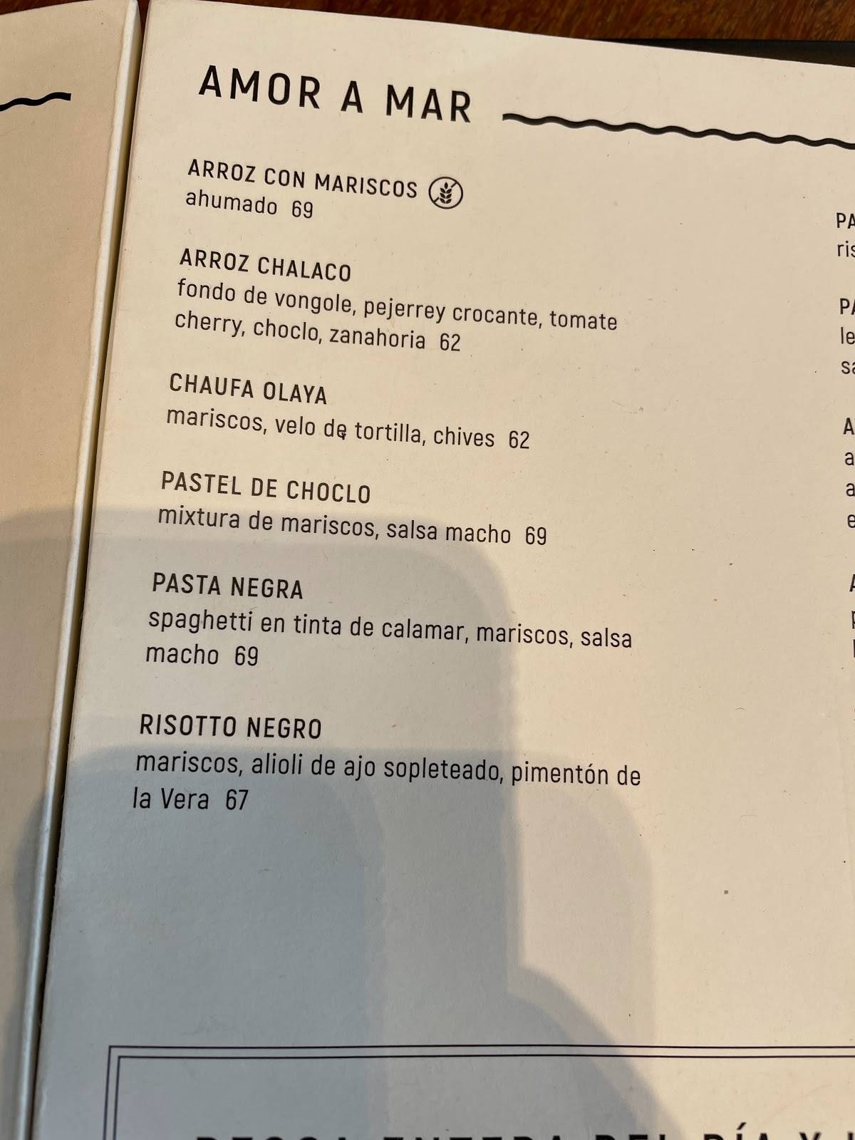Carta del restaurante Amoramar, Lima