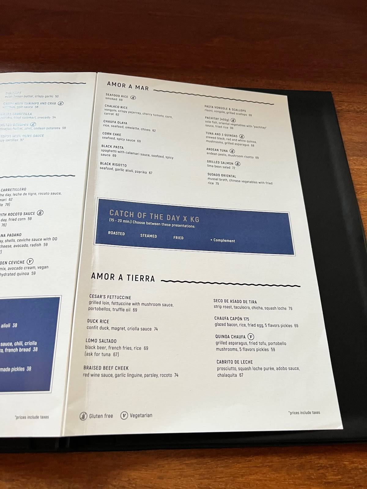 Carta del restaurante Amoramar, Lima