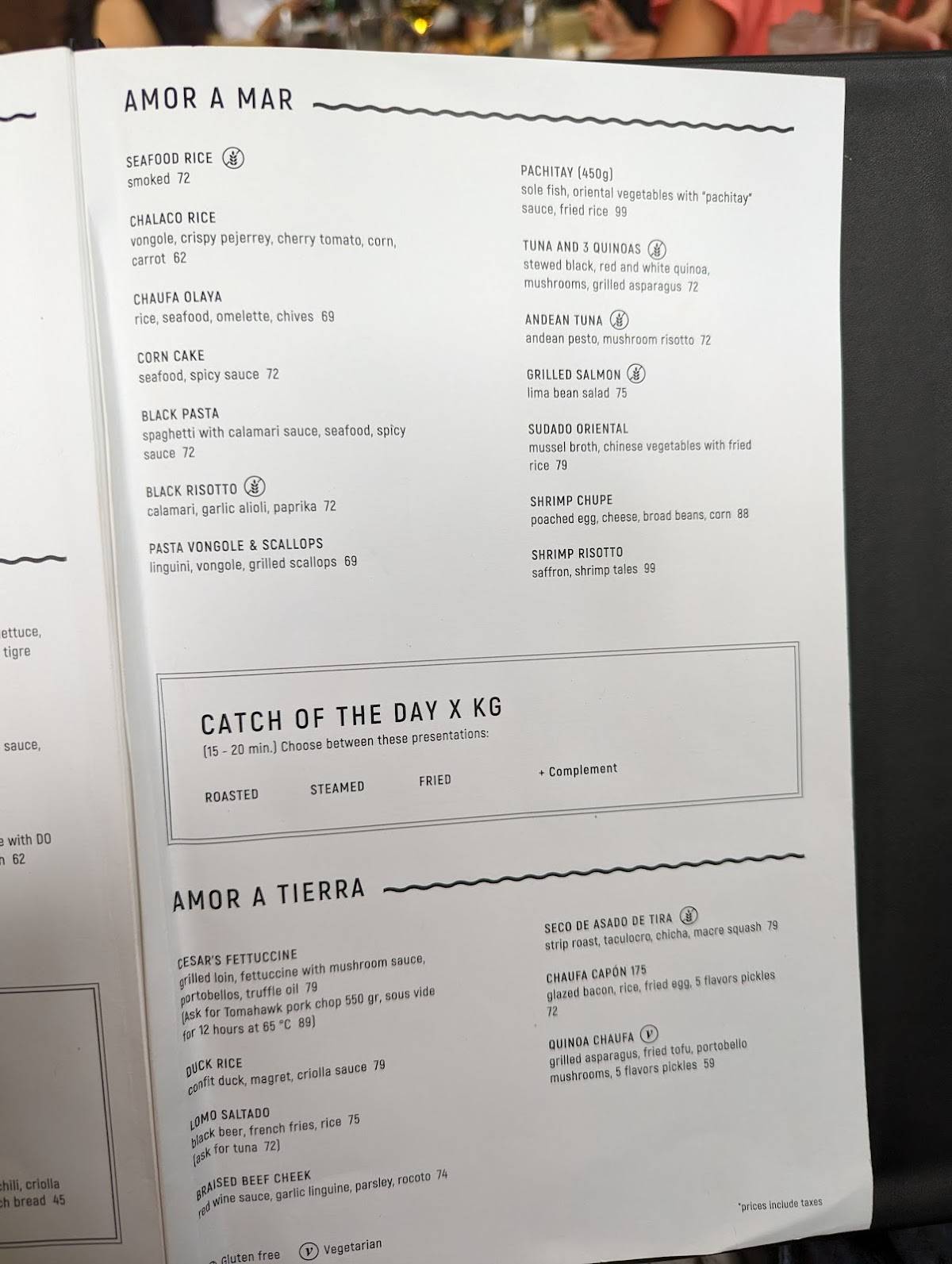 Carta del restaurante Amoramar, Lima