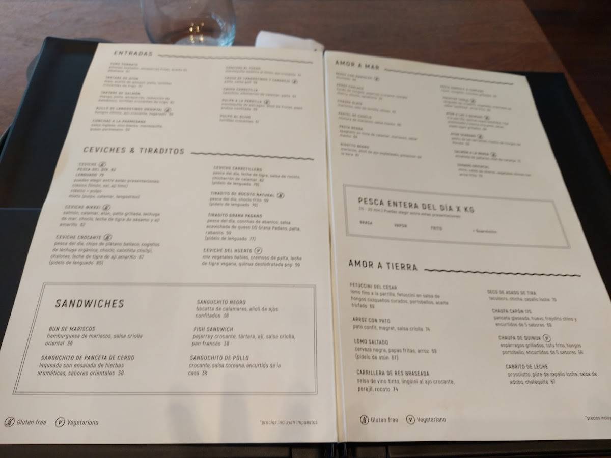 Carta del restaurante Amoramar, Lima