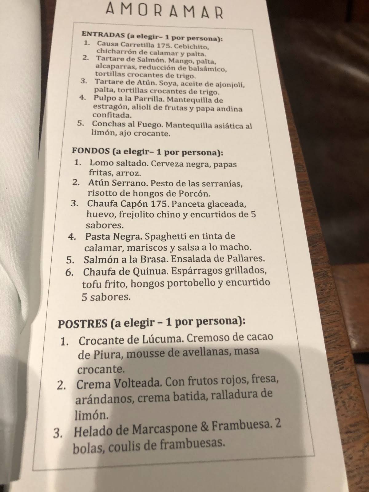 Carta del restaurante Amoramar, Lima