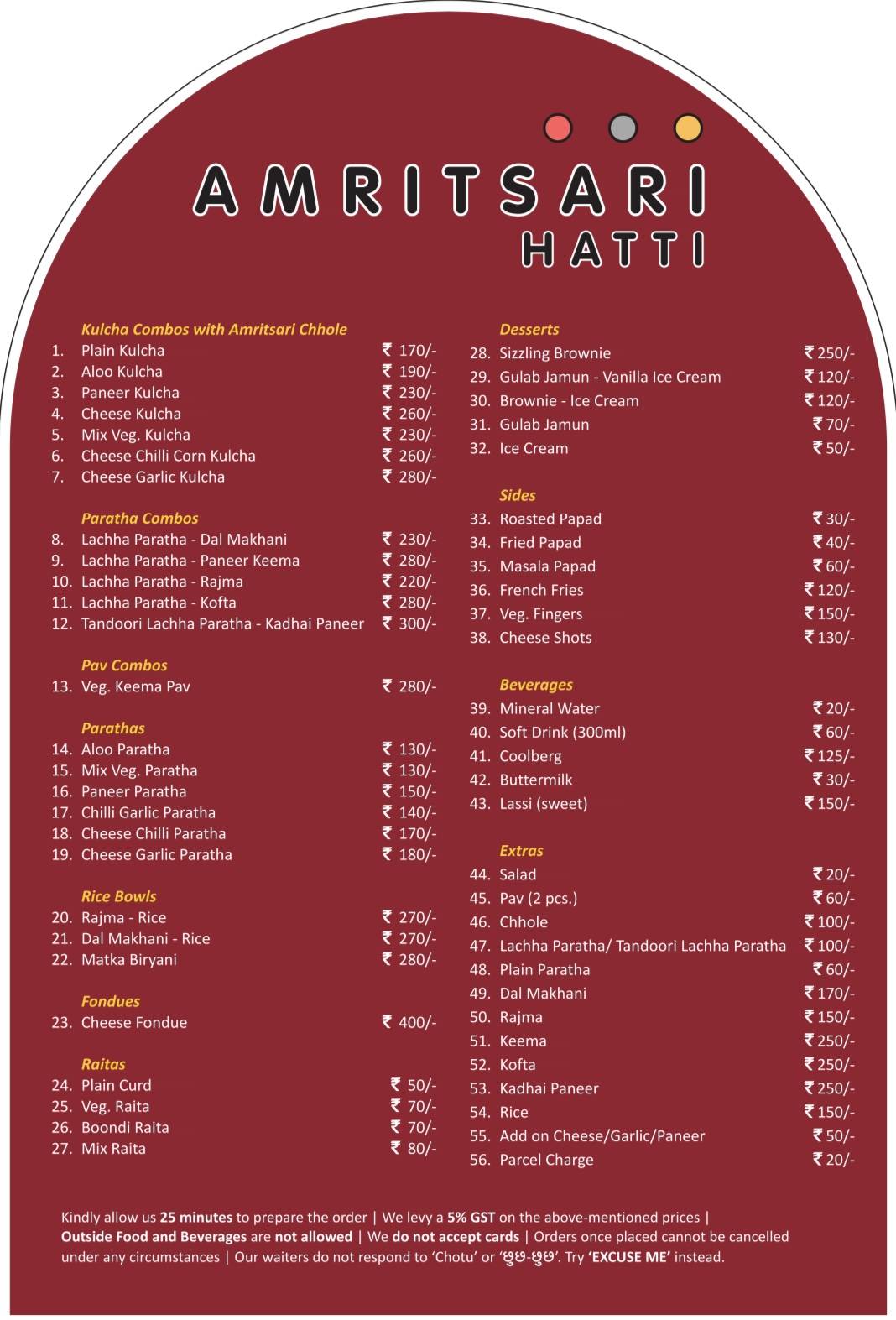 Menu at Amritsari Hatti, Rajkot