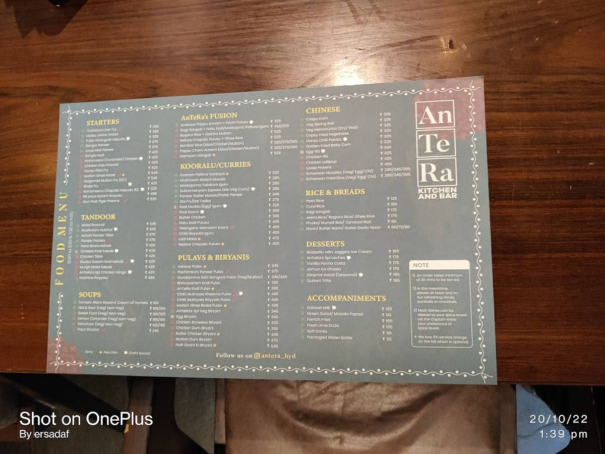 Menu at AnTeRa Kitchen and Bar, Hyderabad
