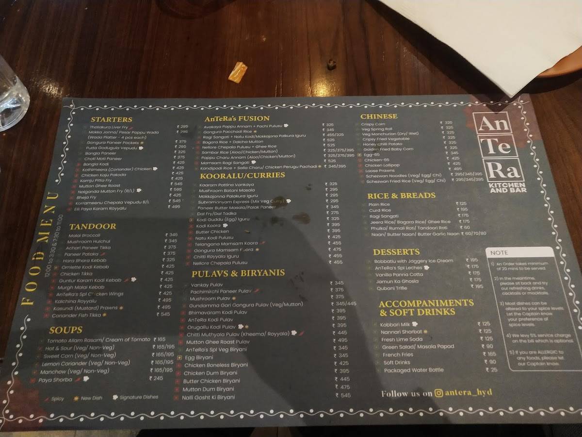 Menu at AnTeRa Kitchen and Bar, Hyderabad, Plot no