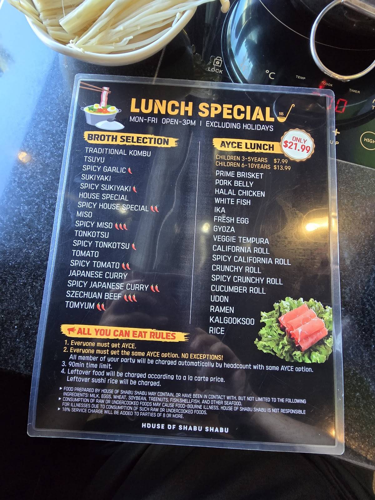 Menu at House of Shabu Shabu II restaurant, Anaheim